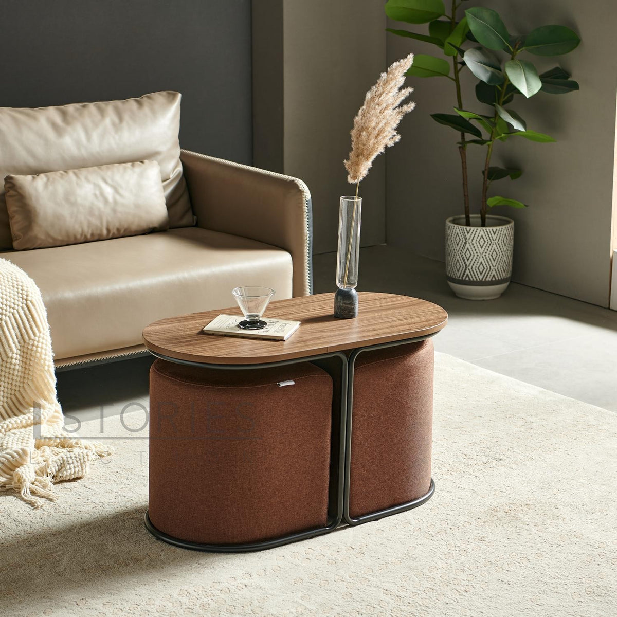 Mira Coffee Table Set With 2 Stools Brown – 101storiescollection